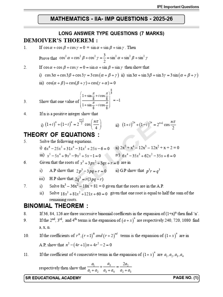 Maths Imp Questions for Pre Final -i (2nd Year) | PDF | Circle ...