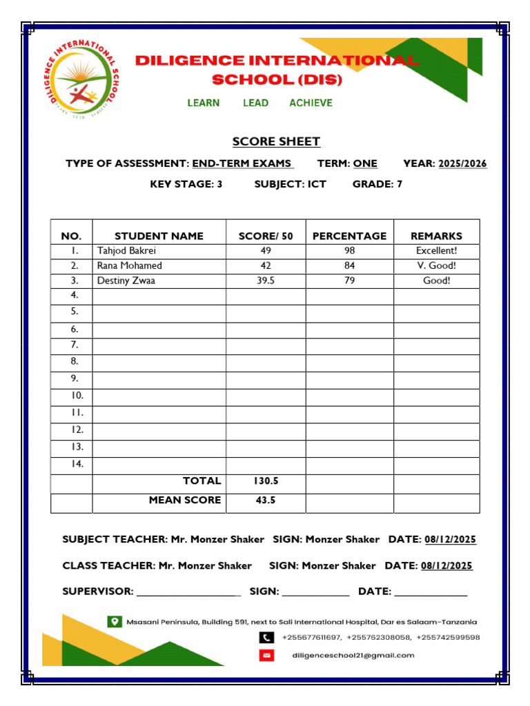 ICT - Grade 7 Score Sheet - End of Term 1 Exam | PDF