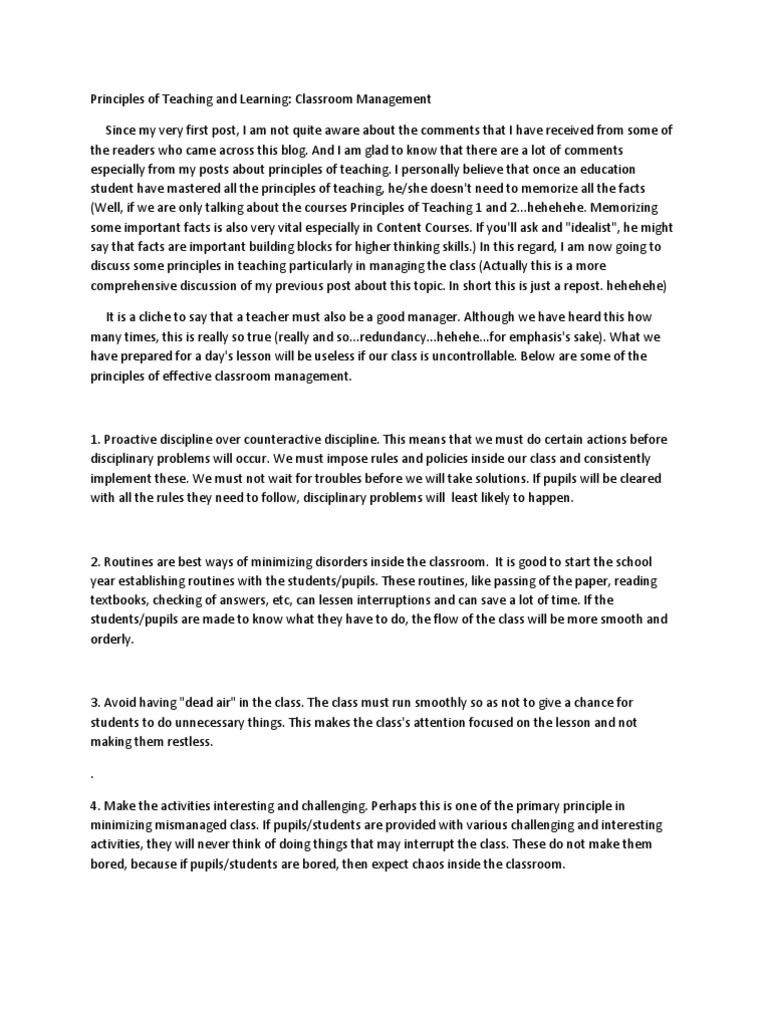 Classroom Management Principles for Teachers | PDF | Educational ...