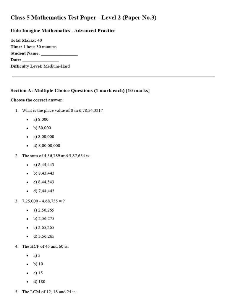 Class 5 Level 2 Math Test Paper | PDF | Mathematics | Arithmetic
