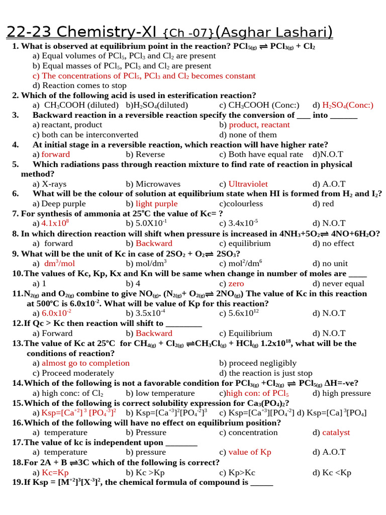 Chemistry XI Equilibrium Concepts Quiz | PDF | Chemical Equilibrium ...