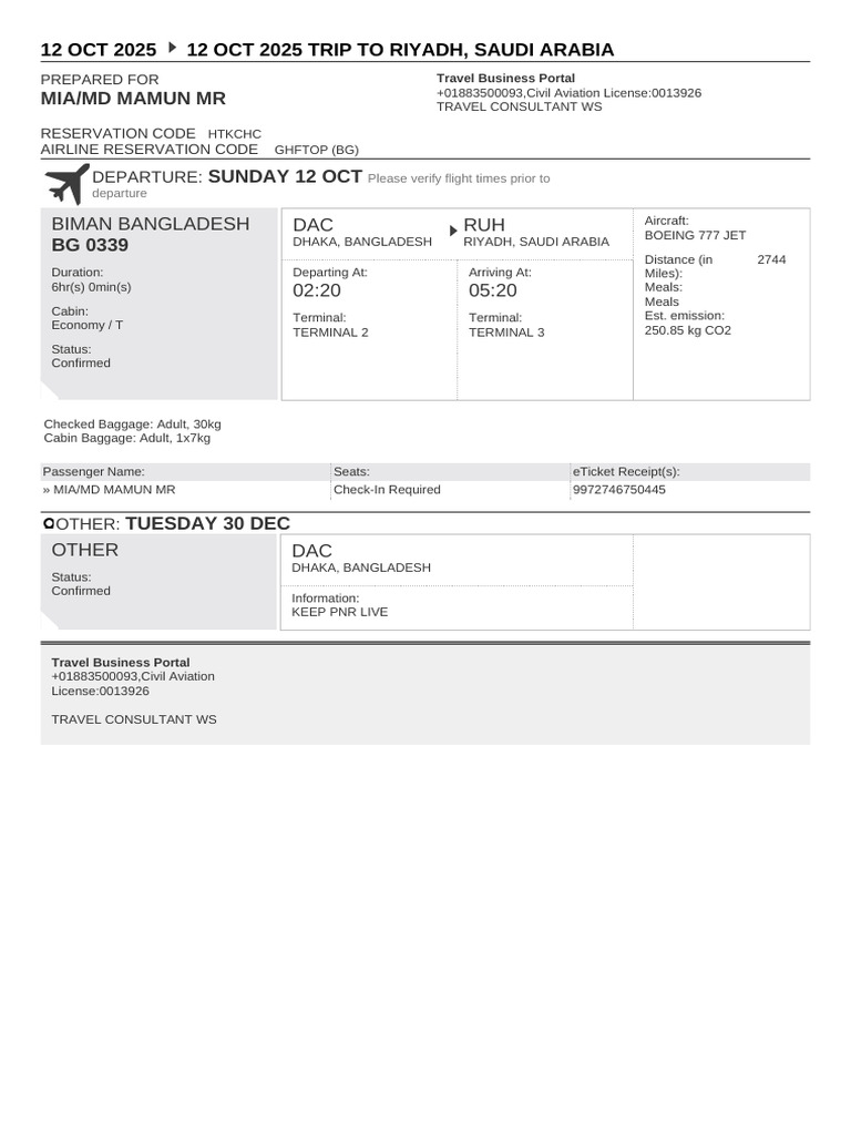 Travel Reservation October 12 for MR MD MAMUN MIA | PDF