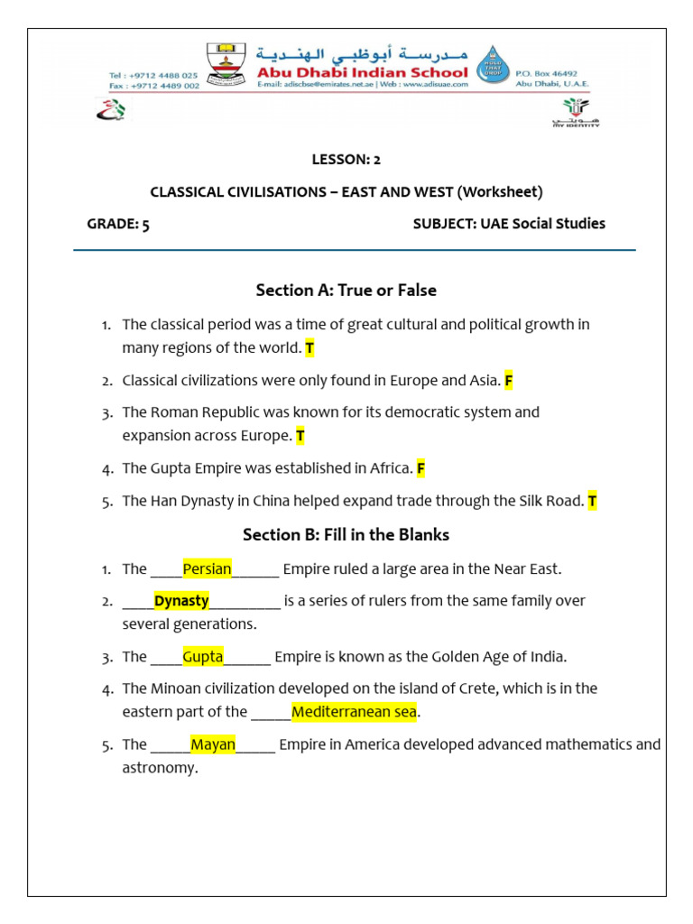 Classical Civilizations Worksheet for Grade 5 | PDF | Silk Road ...