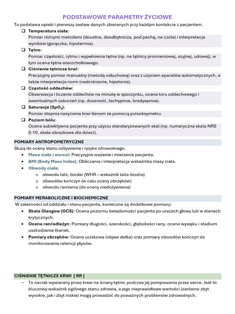 Podstawowe Parametry Życiowe | PDF
