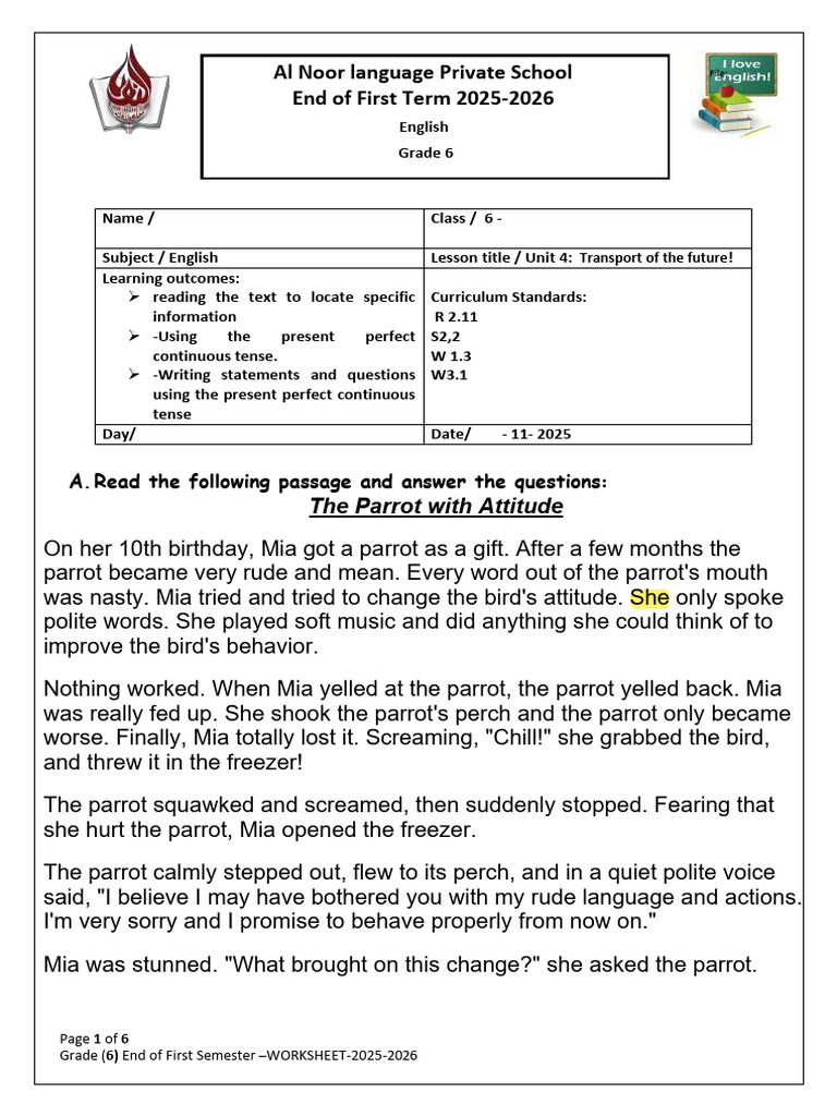 Grade 6 English Worksheet: Parrot Story | PDF | Linguistics