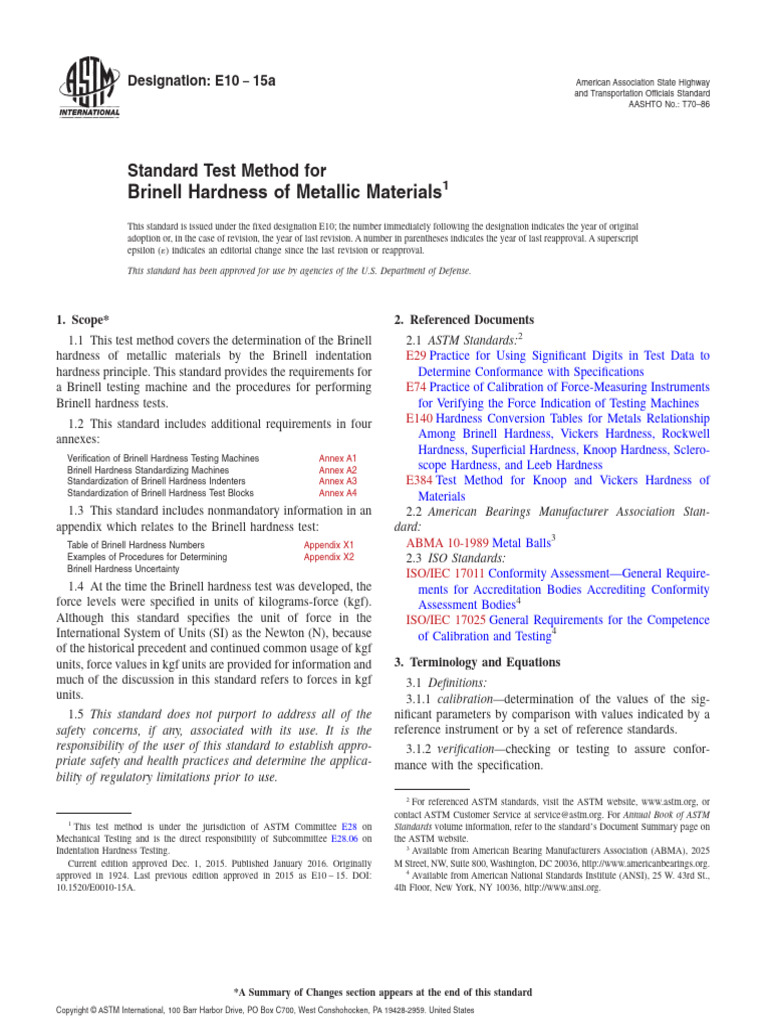 Brinell Hardness Test Standard E10-15a | PDF | Hardness | Physical Sciences