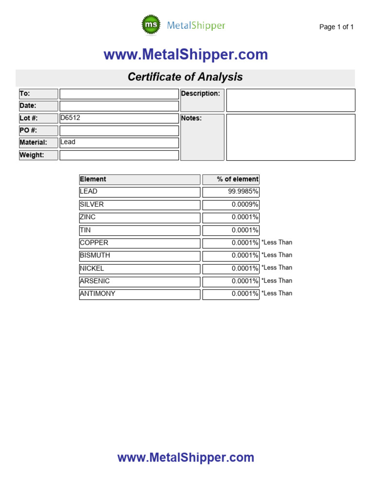 Lead Certificate of Analysis D6512 | PDF