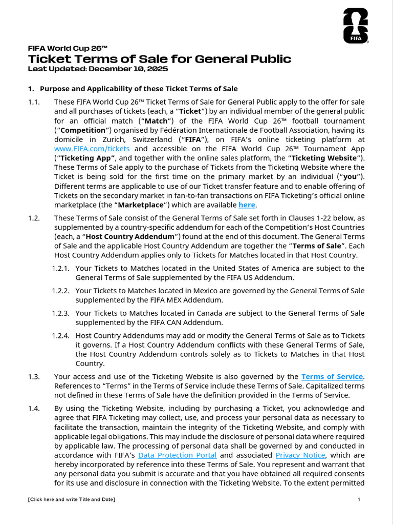 FIFA World Cup 26 Ticket Terms of Sale | PDF | Accessibility | Credit Card