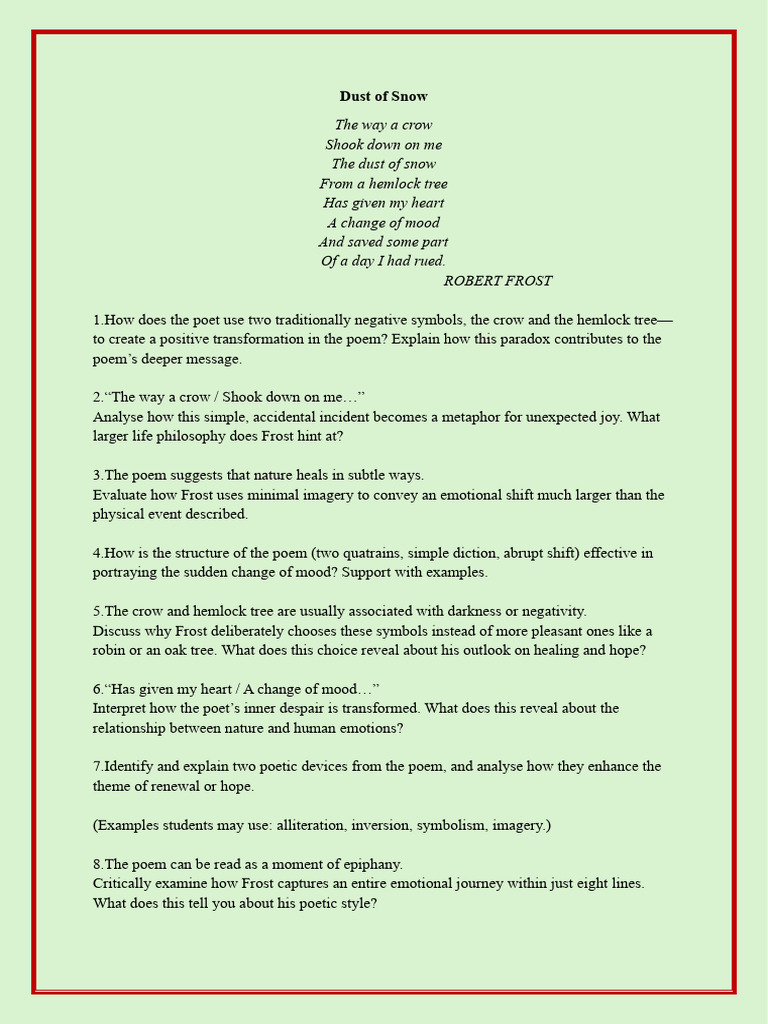 Dust of Snow Worksheet | PDF | Poetry