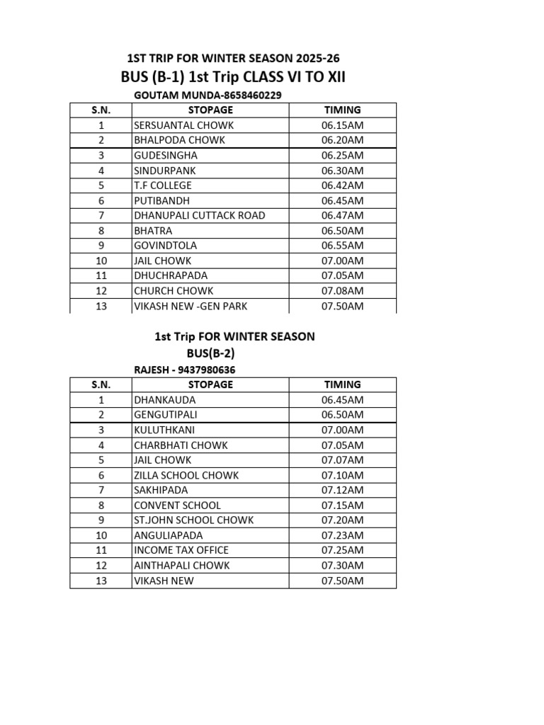 Bus Time Table for Winter Season 1st Trip (1) | PDF