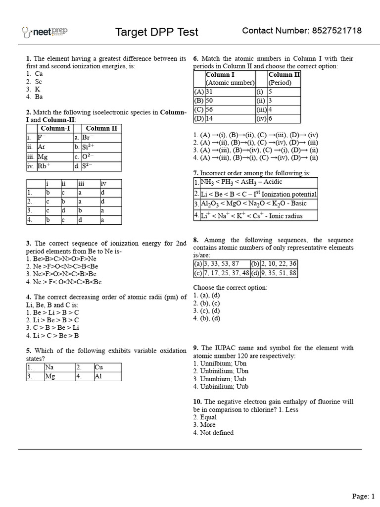Periodic Properties DPP1 | PDF | Chemistry | Atoms