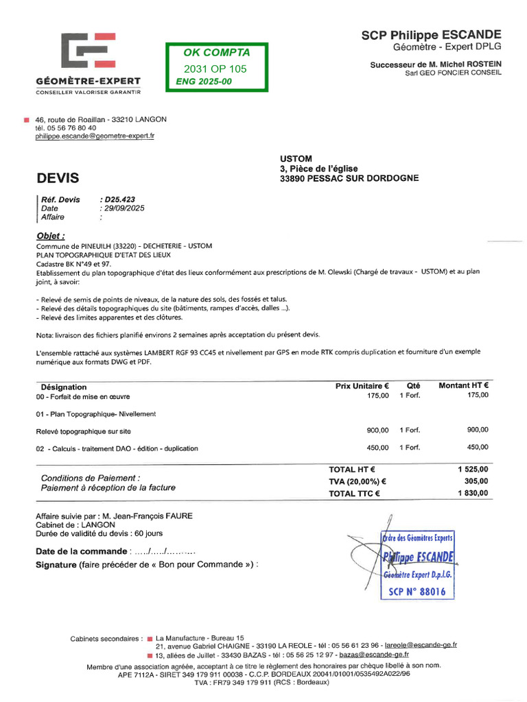 ESCANDE Devis D25.423 Relevé Géomètre Déchèterie Pineuilh | PDF