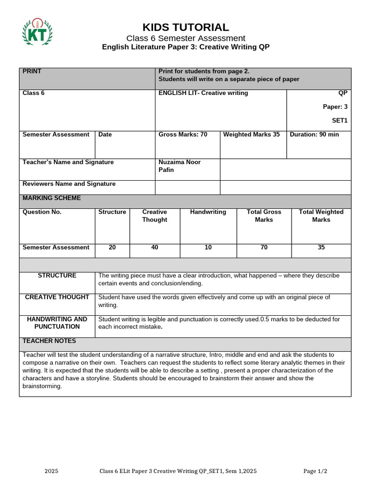 Class 6 ELit Paper 3 Creative Writing QP_SET1, Sem 1,2025 | PDF ...