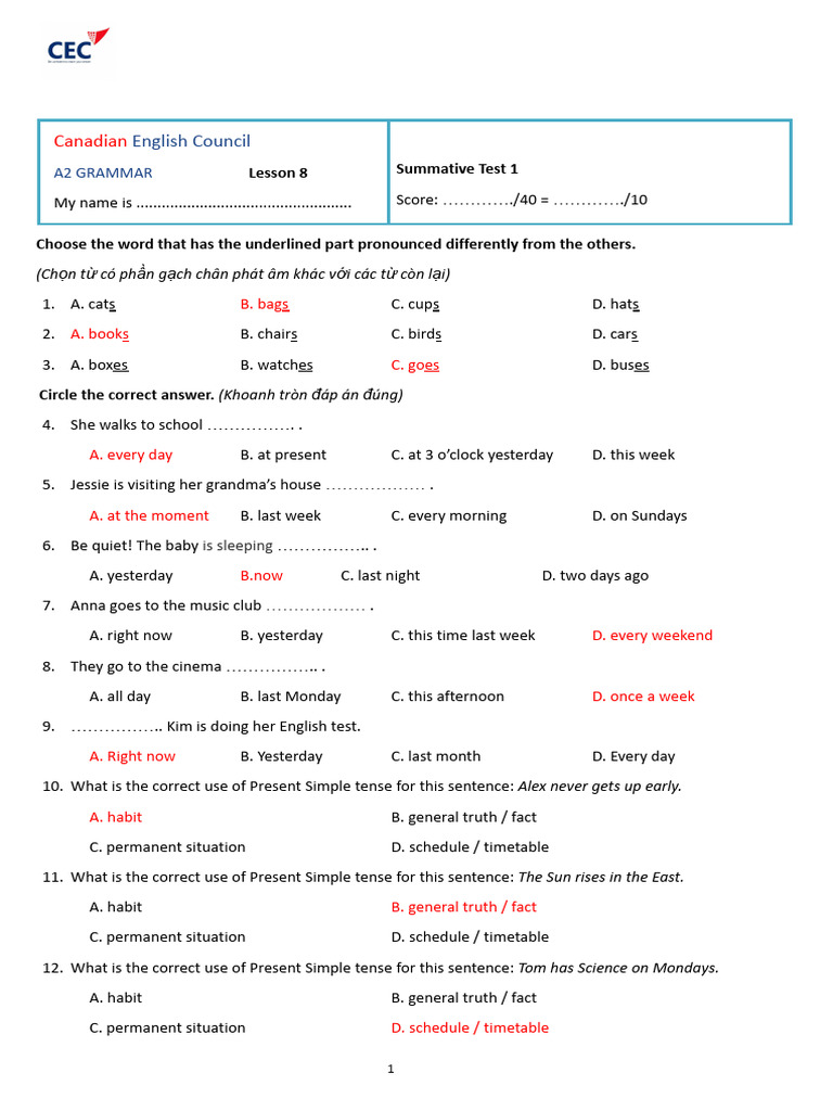 KEY Lesson 8_ Summative Test 1 (for Teachers) | PDF