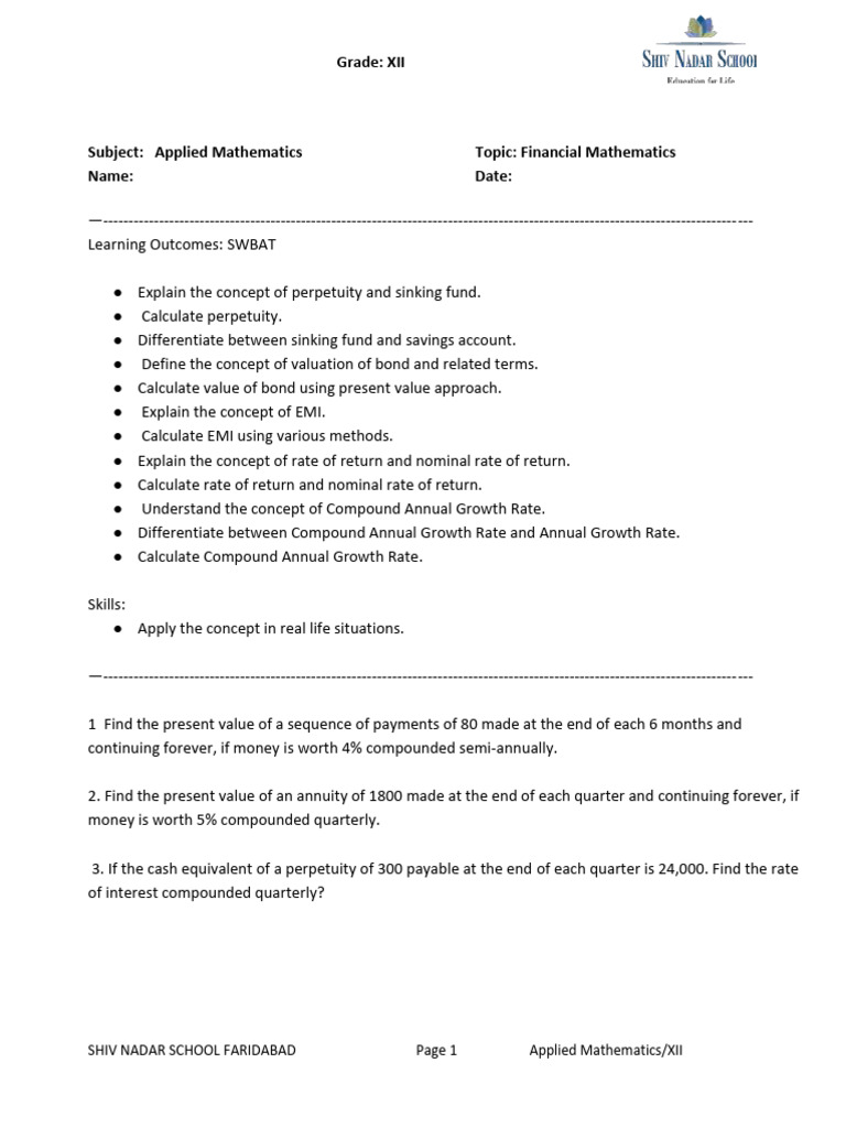 Financial Mathematics WS | PDF | Present Value | Interest