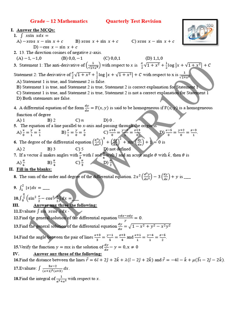 Grade 12 Math Quarterly Test Prep | PDF | Tangent | Differential Geometry
