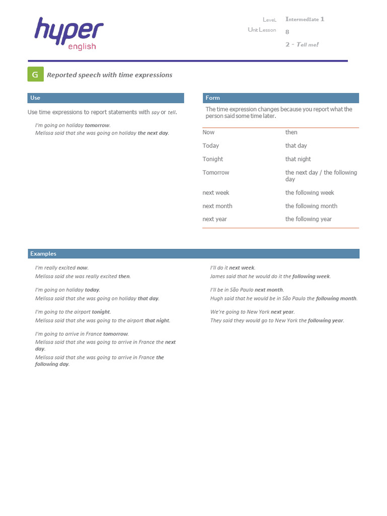 Reported Speech Time Expressions Guide | PDF