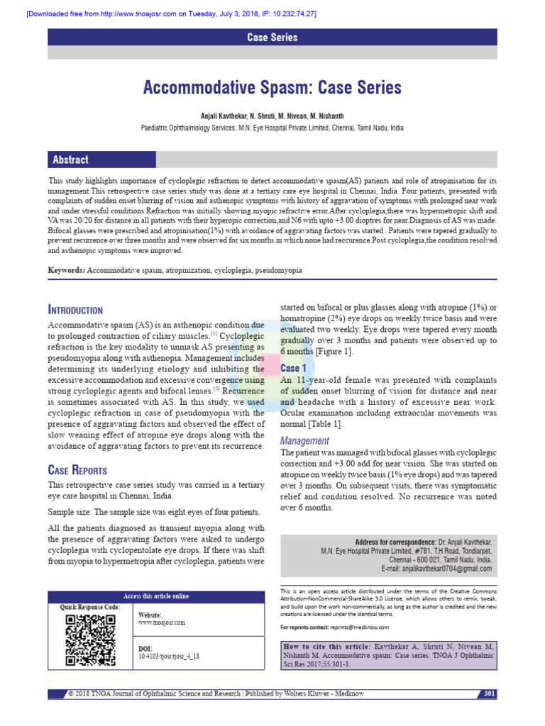 Accommodative Spasm Case Series | PDF | Myopia | Human Eye