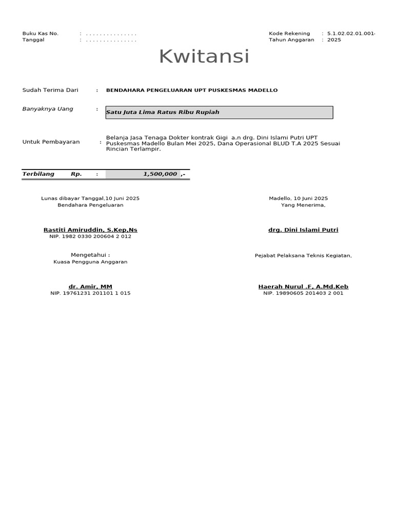 Kwitansi Pembayaran Puskesmas Madello 2025 | PDF