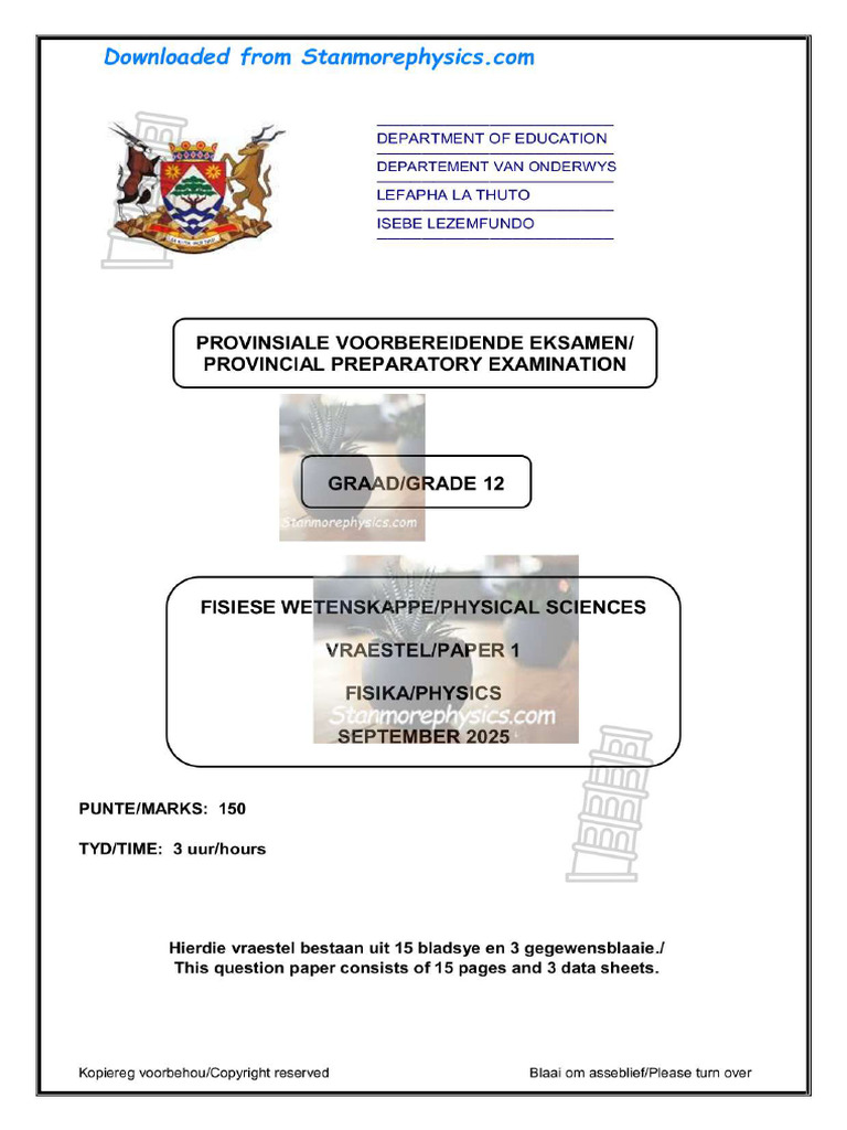 NC Physical Sciences Grade 12 September 2025 P1 and Memo | PDF