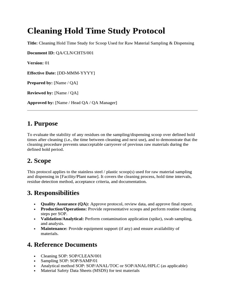 Cleaning Hold Time Study Protocol | PDF | Detection Limit