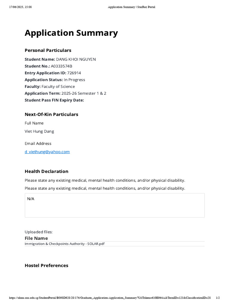 Application Summary _ StarRez Portal | PDF