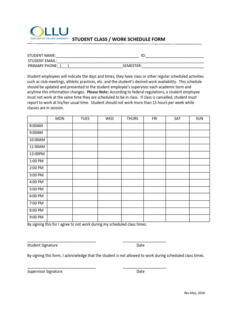 Student Class.work Schedule Form Revised 2024 Fillable | PDF