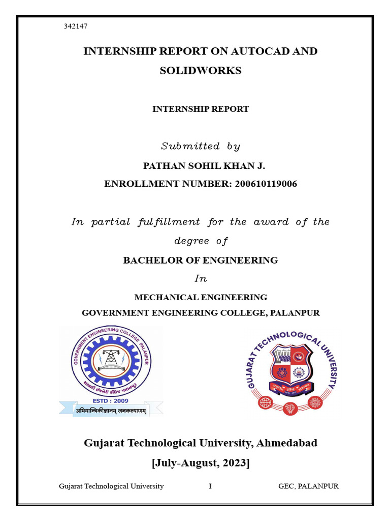 Internship Report On Autocad and Solidworks: Pathan Sohil Khan J ...
