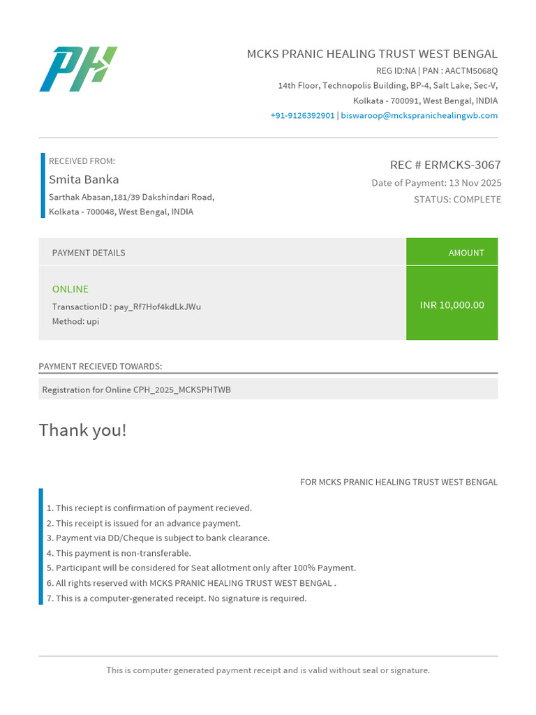 MCKS Pranic Healing Payment Receipt | PDF