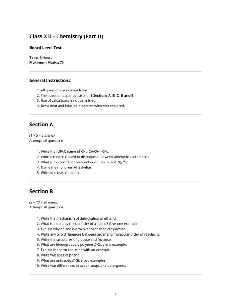Class XII Chemistry Board Test Paper | PDF | Ligand | Aldehyde