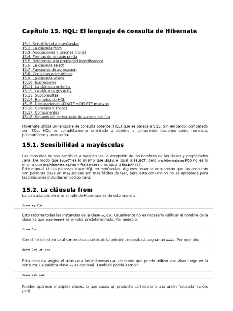 Articulo - Lenguaje HQL (Hibernate) | PDF | SQL | Software de gestión de datos