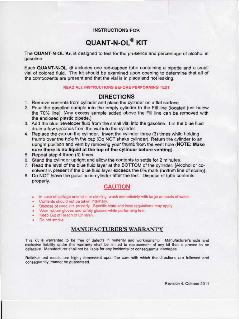 Ethanol Test Kit Instructions | PDF