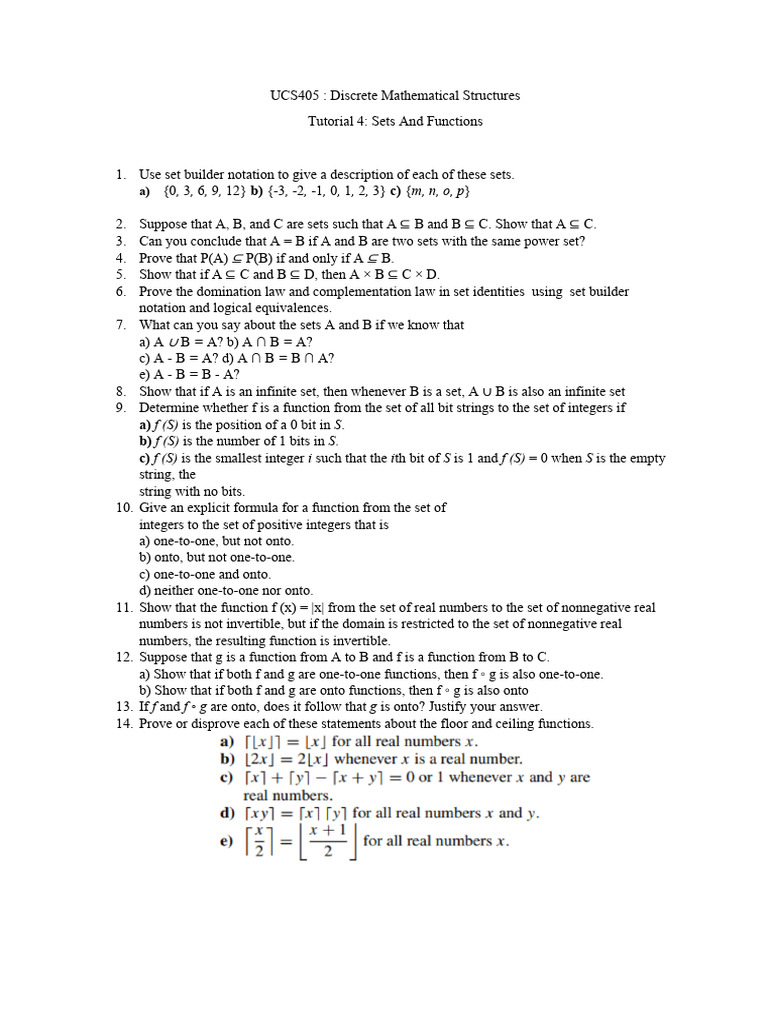 Tutorial Sheet 4 Sets and Functions | PDF