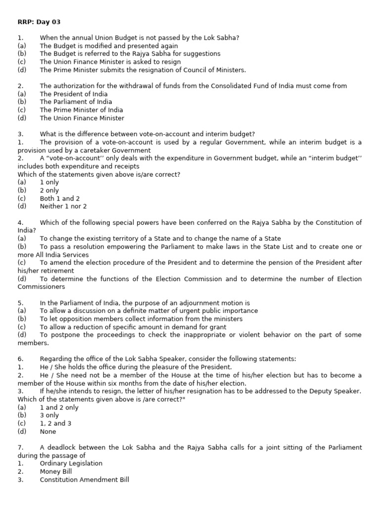Key Questions on Indian Parliament Functions | PDF | Government Of ...