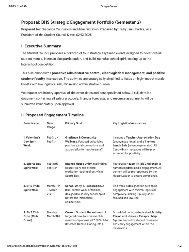 Student Council List of Activities For Semester 2 | PDF