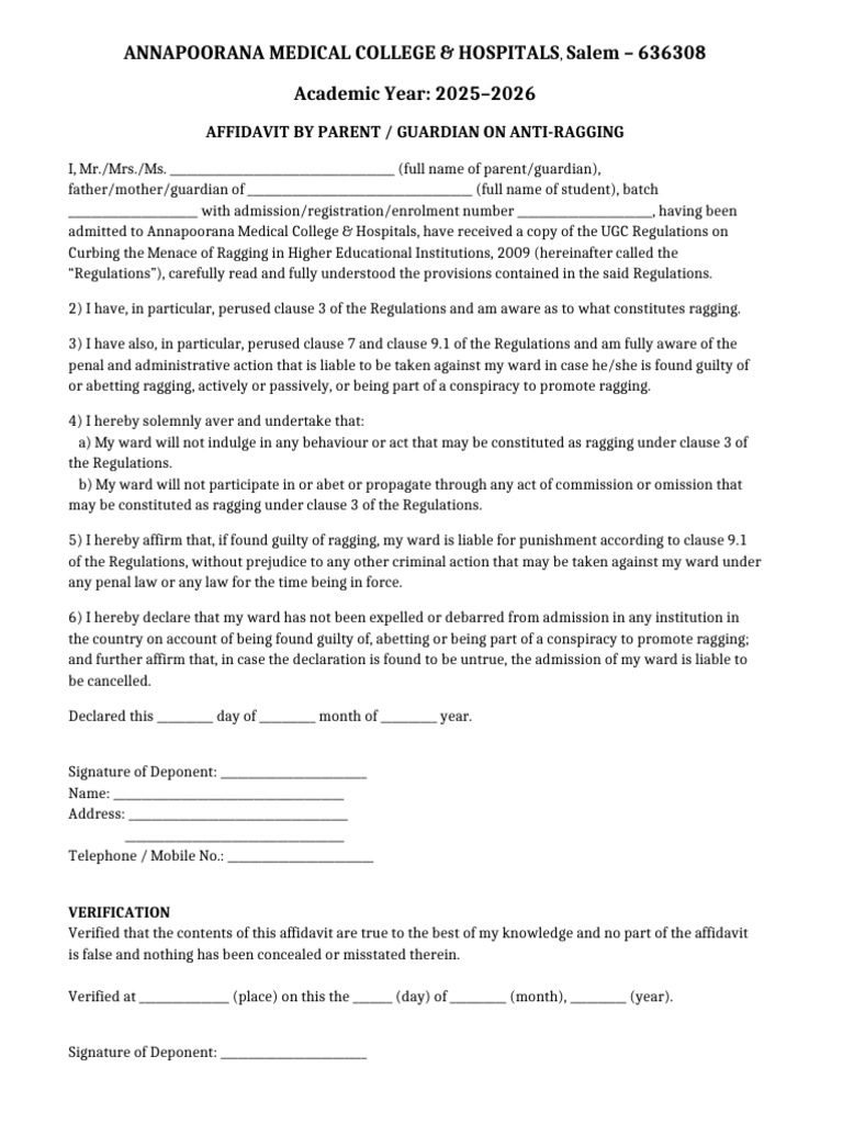 Anti-Ragging Affidavit Parent Guardian Formatted | PDF | Affidavit ...