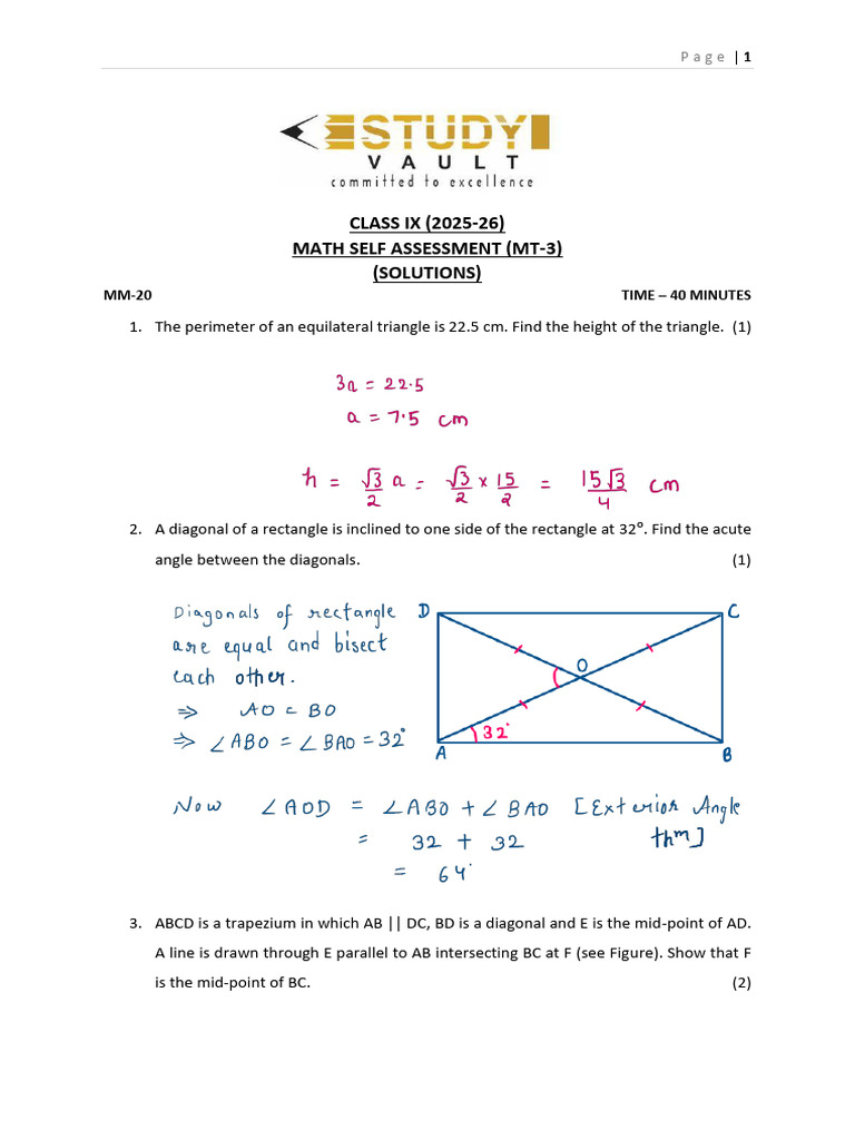 Class IX Math Self Assessment Solutions | PDF