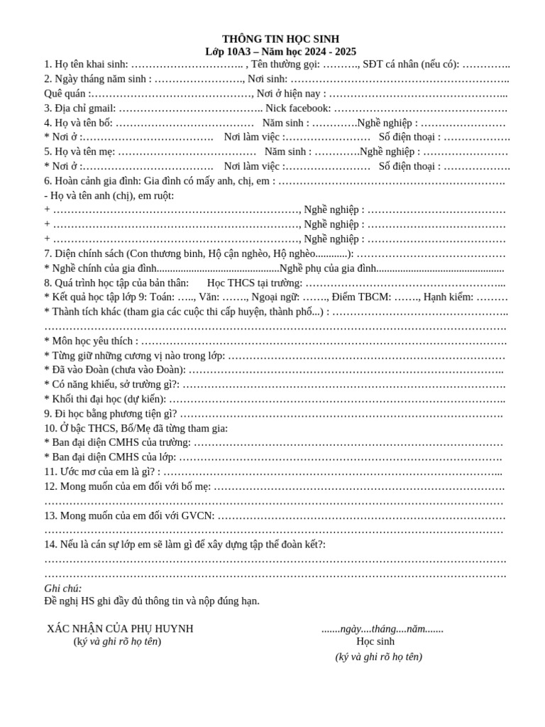 Thông Tin Hs 10a3 | PDF