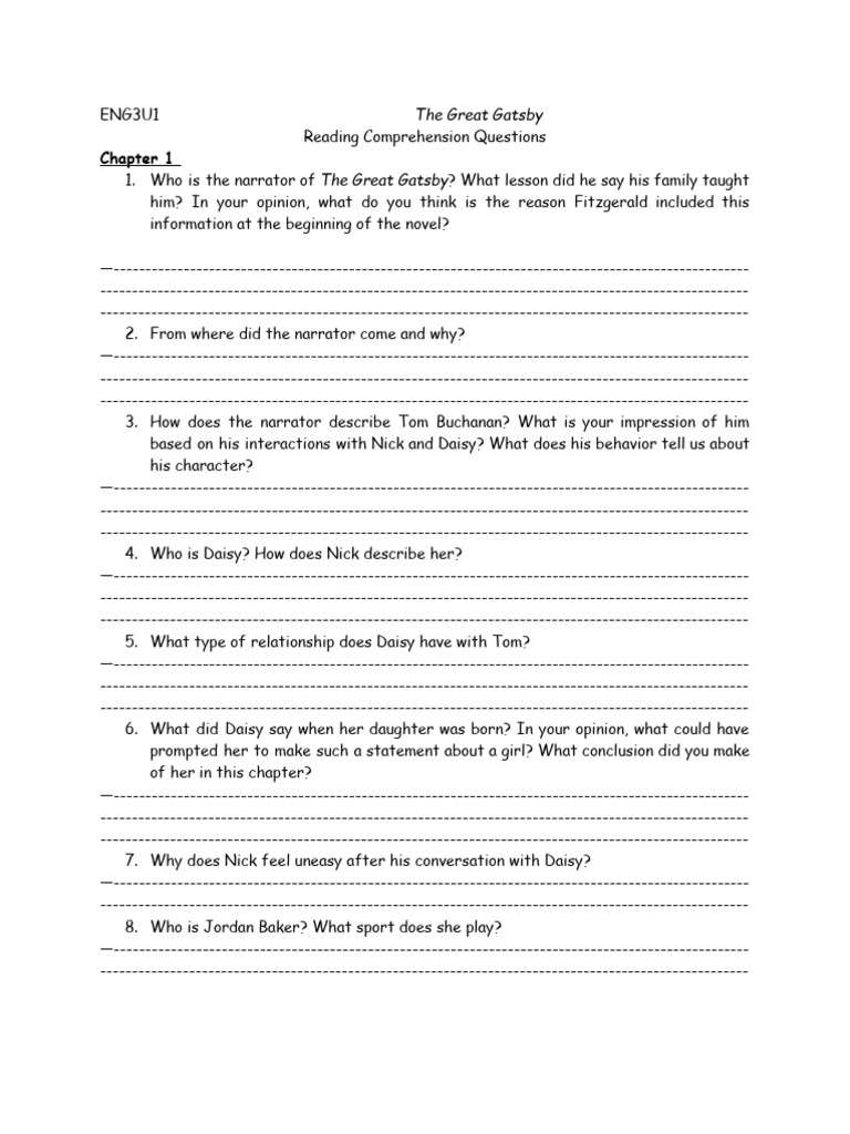 Great Gatsby Chapter 1 & 2 Questions | PDF | The Great Gatsby