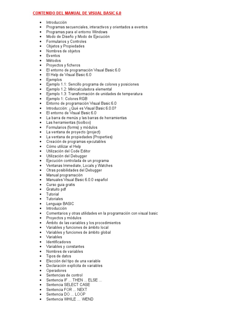 Contenido Del Manual de Visual Basic 6.0 | Descargar gratis PDF | Básico | Archivo de computadora