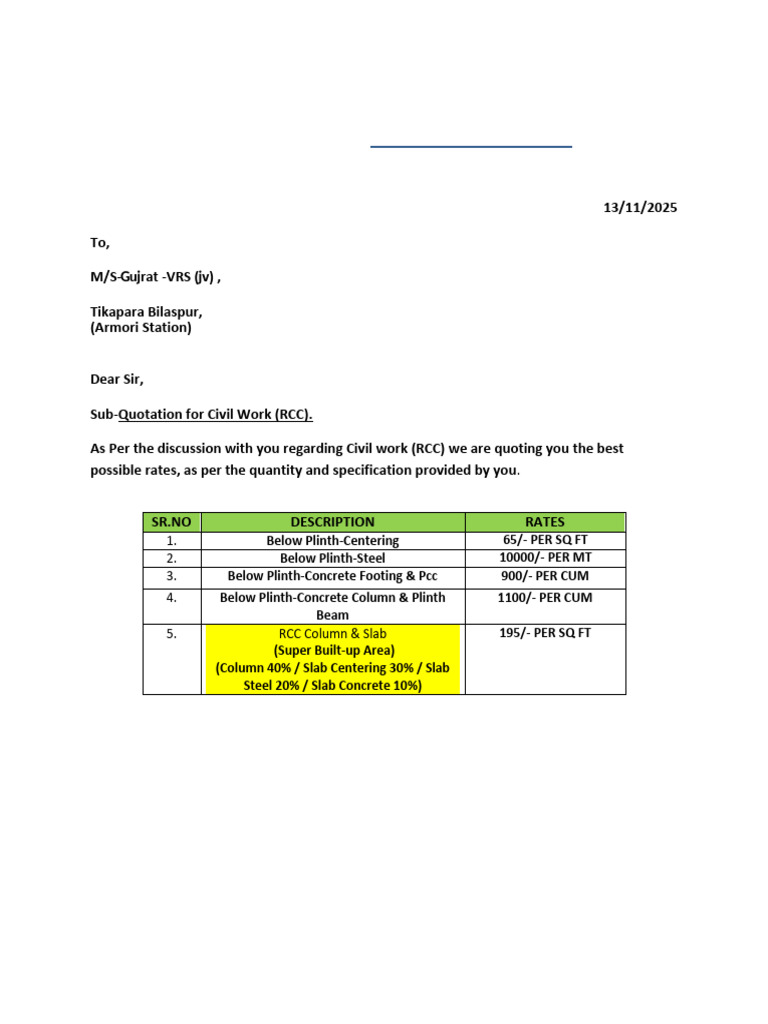 Ashish Construction Rcc Civil Work Quotation-1 (2) | PDF