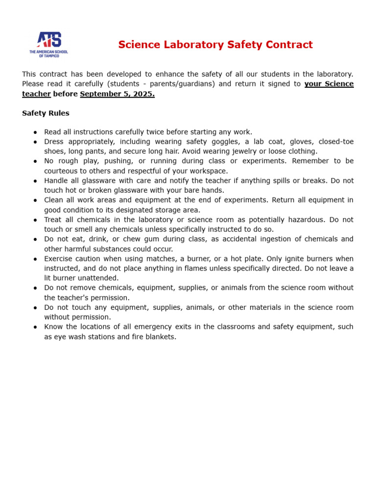 Science Lab Safety Contract Guidelines | PDF | Laboratories