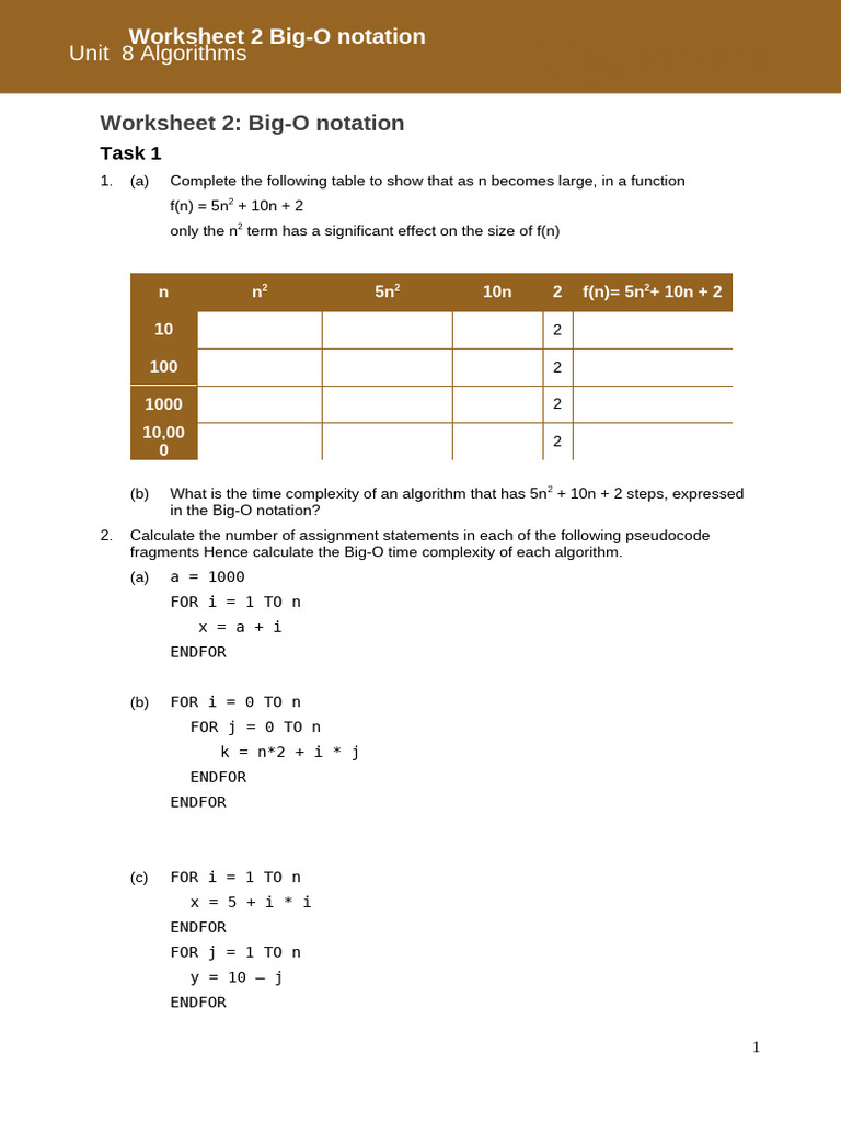 Algorithms T2 Worksheet Big-O Notation | PDF | Time Complexity | Vertex ...