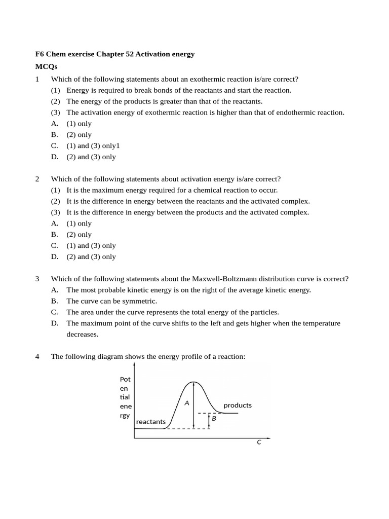 F6 Chem Exercise Chapter 52 Activation Energy | PDF | Chemical Reactions | Activation Energy