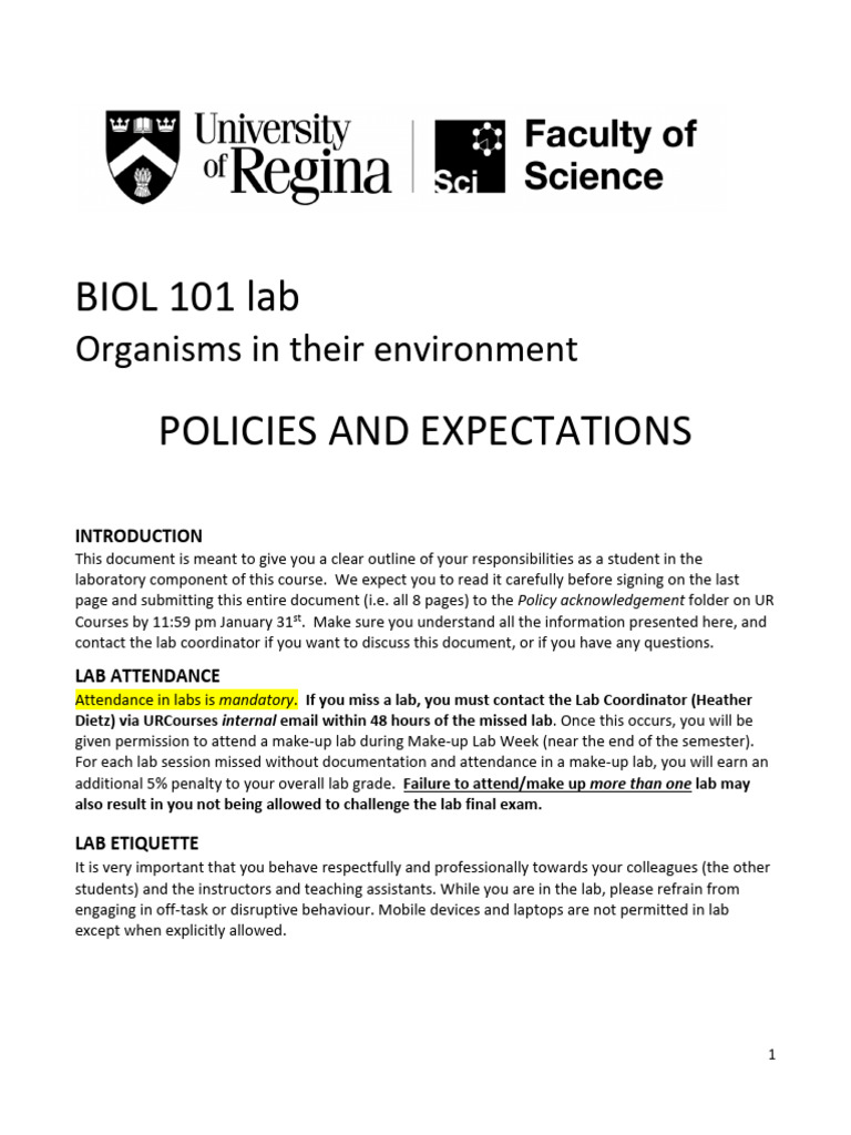 BIOL 101 Lab Policies and Expectations | PDF | Academic Dishonesty ...