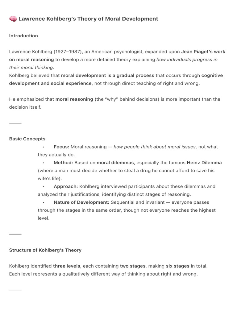 Kohlberg's Moral Development Theory Explained | PDF | Social Psychology ...