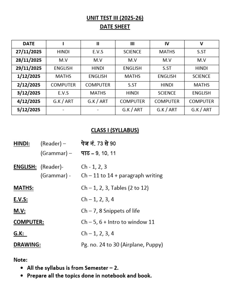 Class I Unit Test III Date Sheet 2025 | PDF