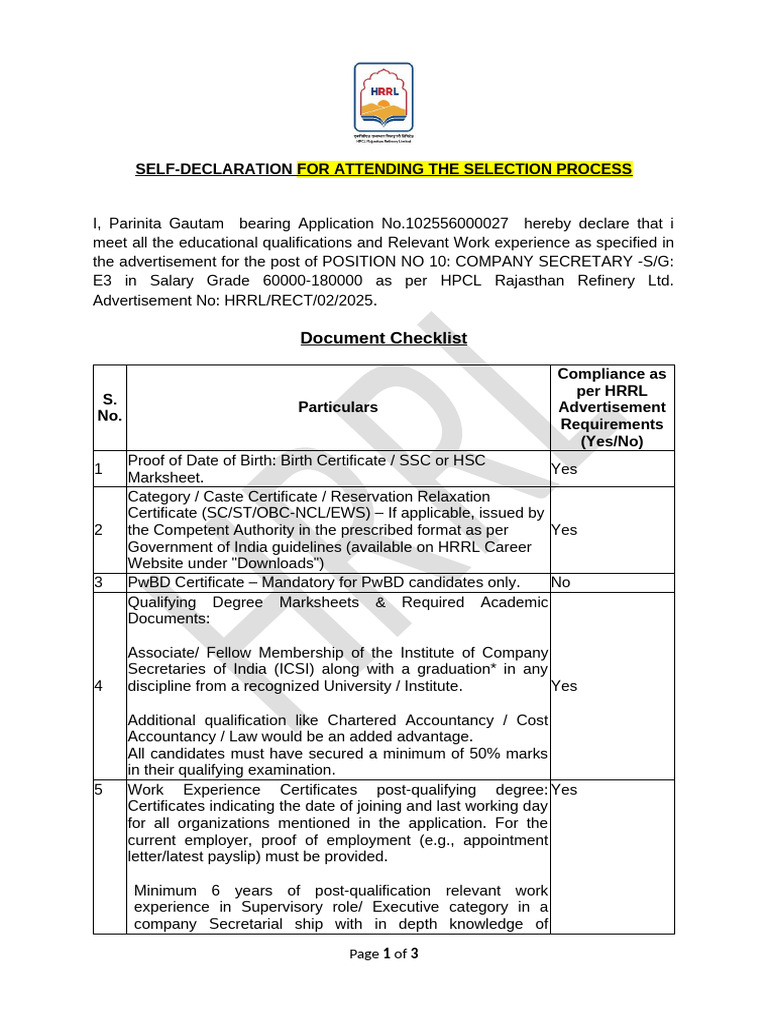Hrrl _self Declaration e3 - Company Secretary | PDF