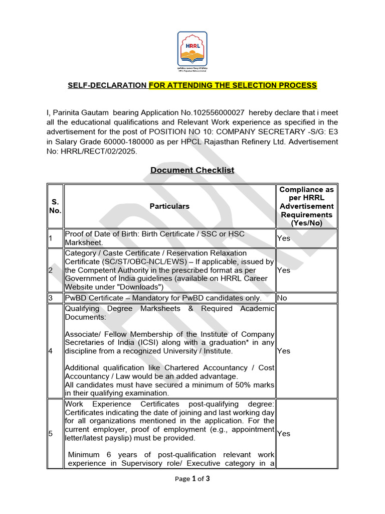 Hrrl _self Declaration e3 - Company Secretary 2-Merged | PDF