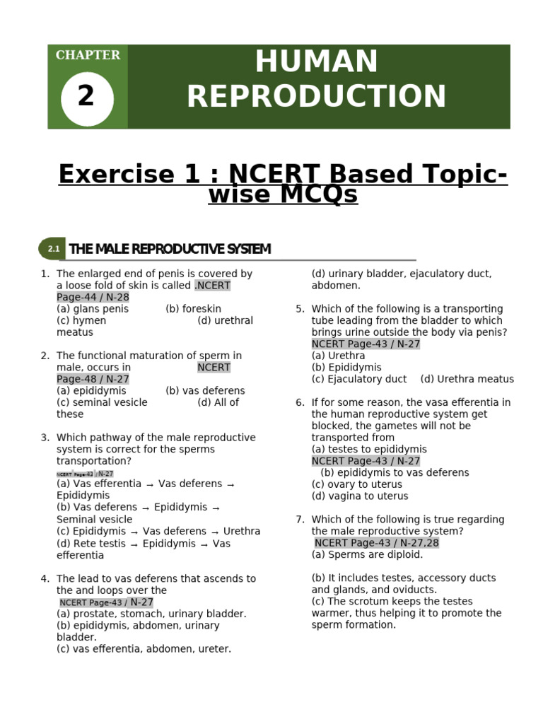 NCERT MCQs on Male Reproductive System | PDF | Menstrual Cycle ...